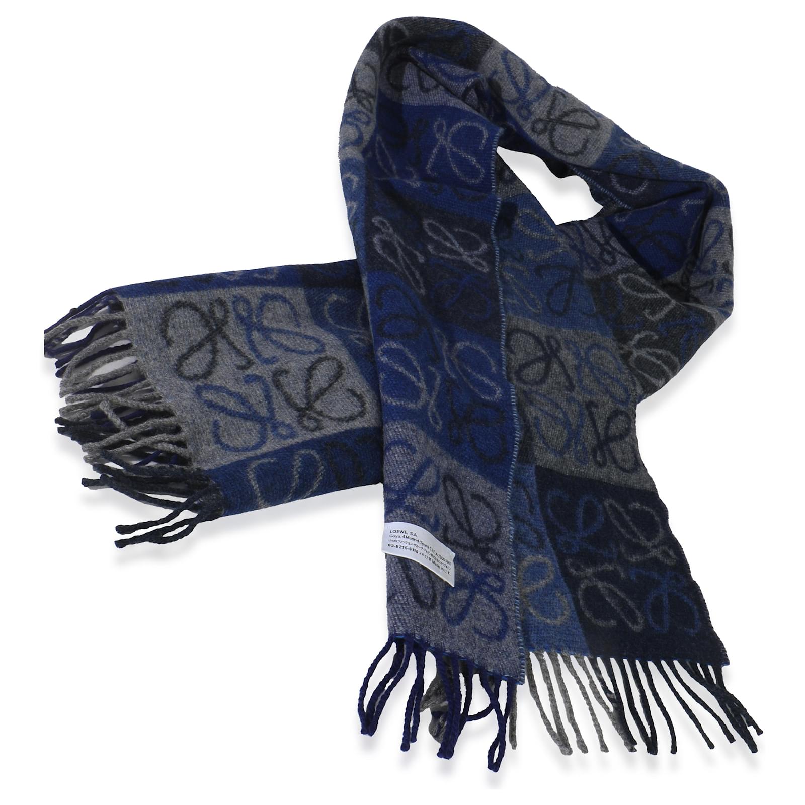 Loewe Blue Grey Wool Cashmere Double Face Anagram Fringe Scarf Cloth ...