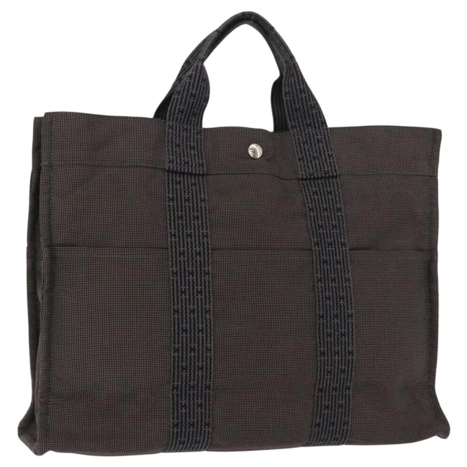 Hermès HERMES Her Line MM Hand Bag Canvas Gray Auth fm4937 Brown Cloth ...