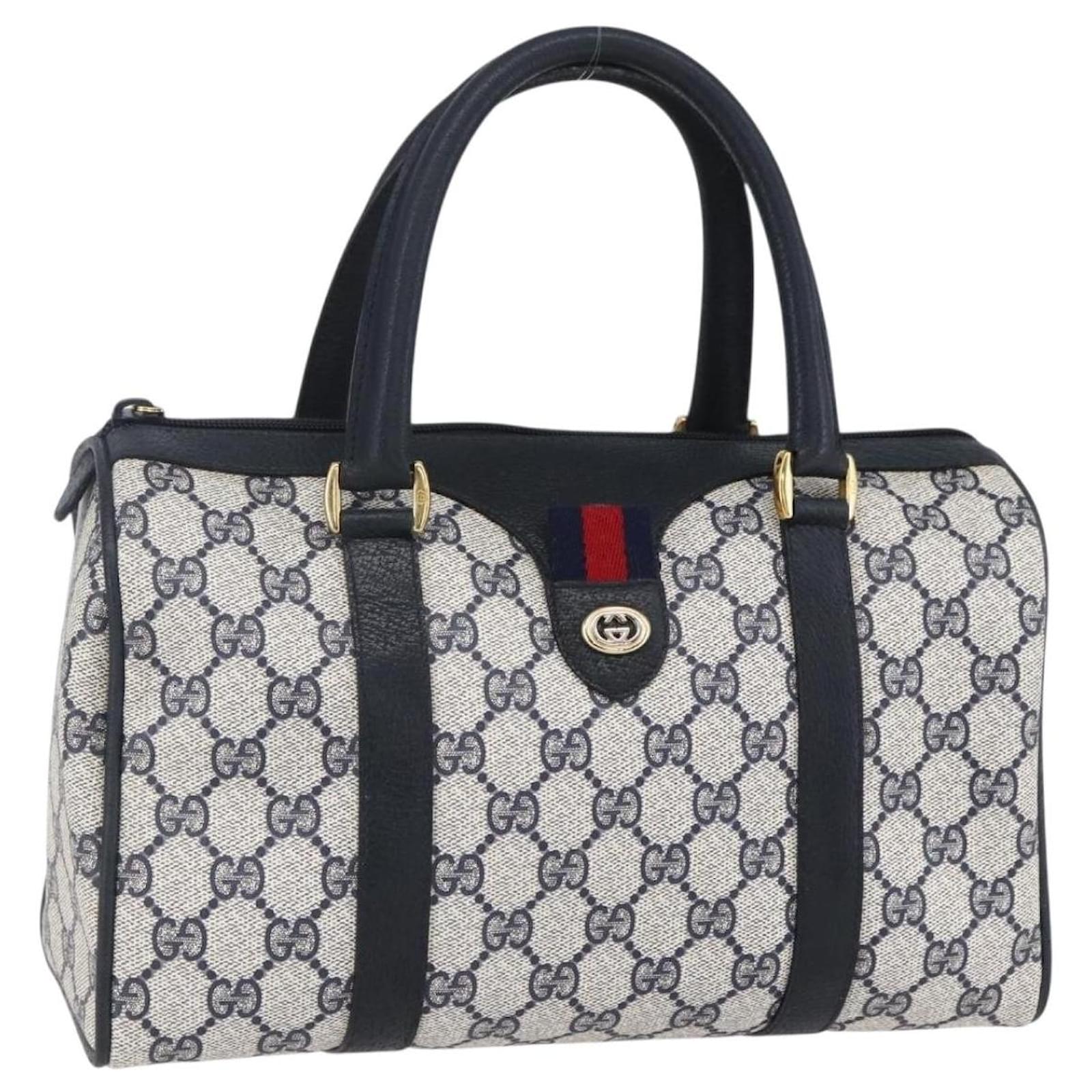 GUCCI GG Supreme Sherry Line Boston Bag PVC Navy Gold Red 116 02 006 ...