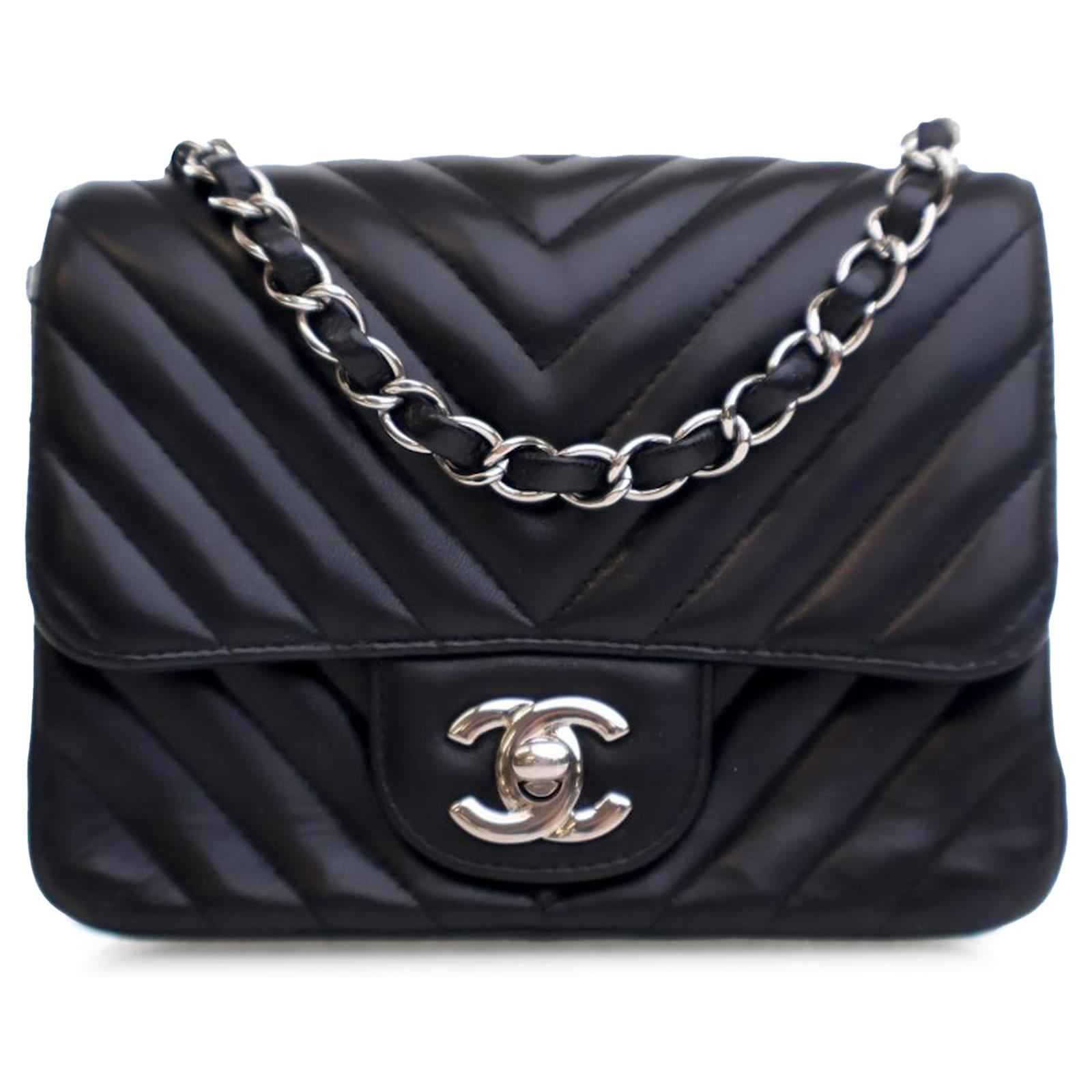 Chanel Mini Square Classic Chevron Lambskin Single Flap Black Leather ...