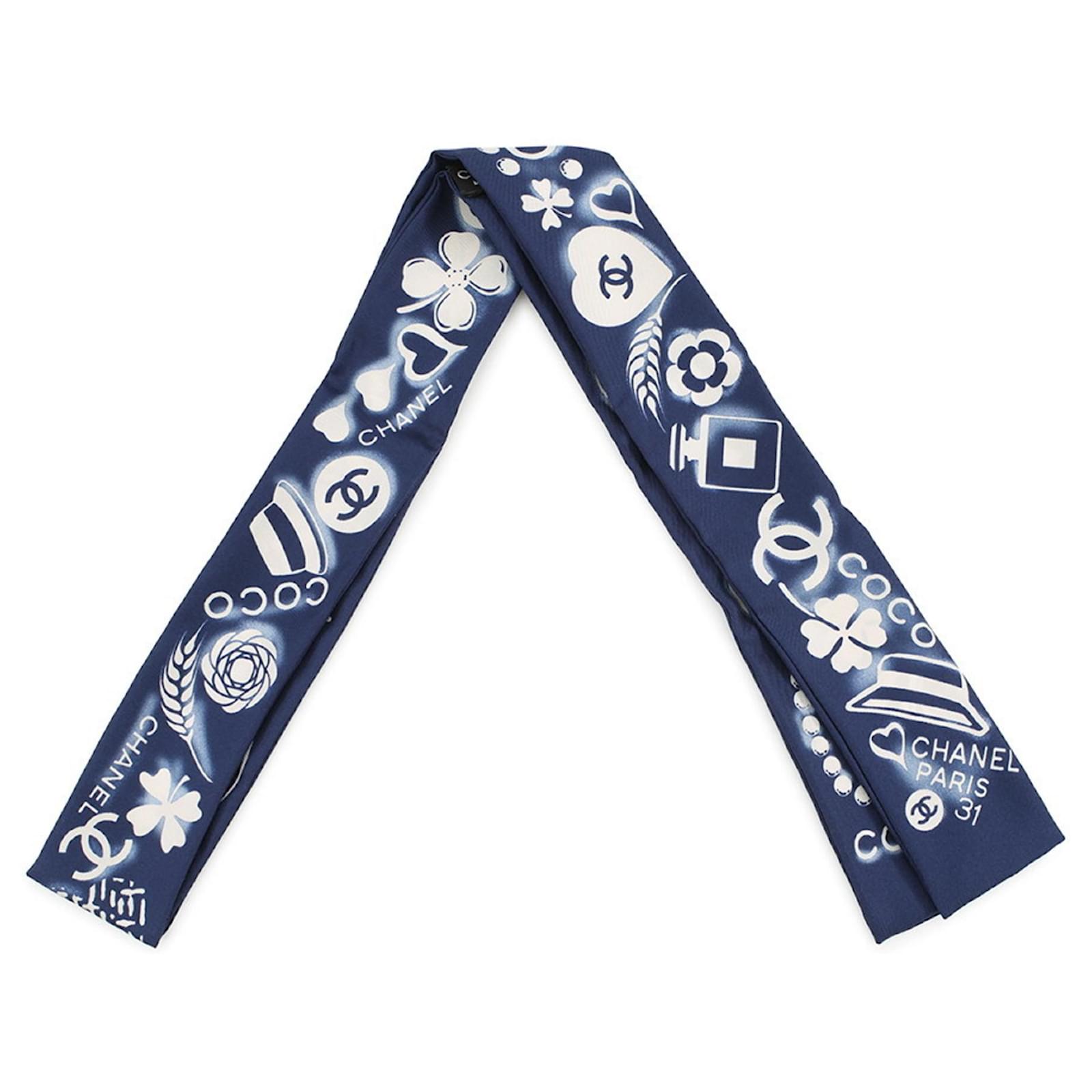 Chanel Silk Scarf with Coco Mark Motif White Navy blue ref.2729590 ...