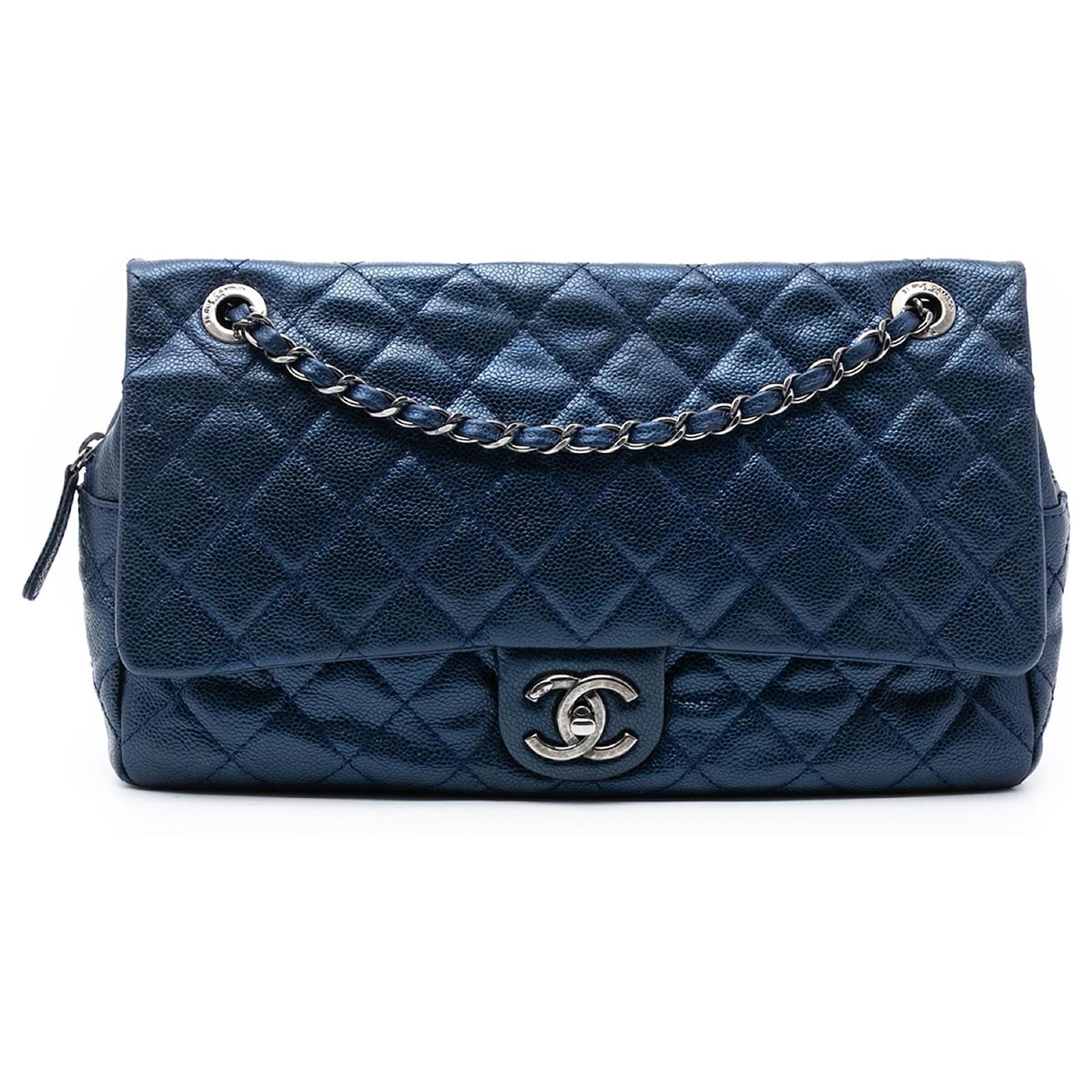 Chanel Blue Jumbo Quilted Iridescent Caviar Easy Flap Dark blue Leather ...