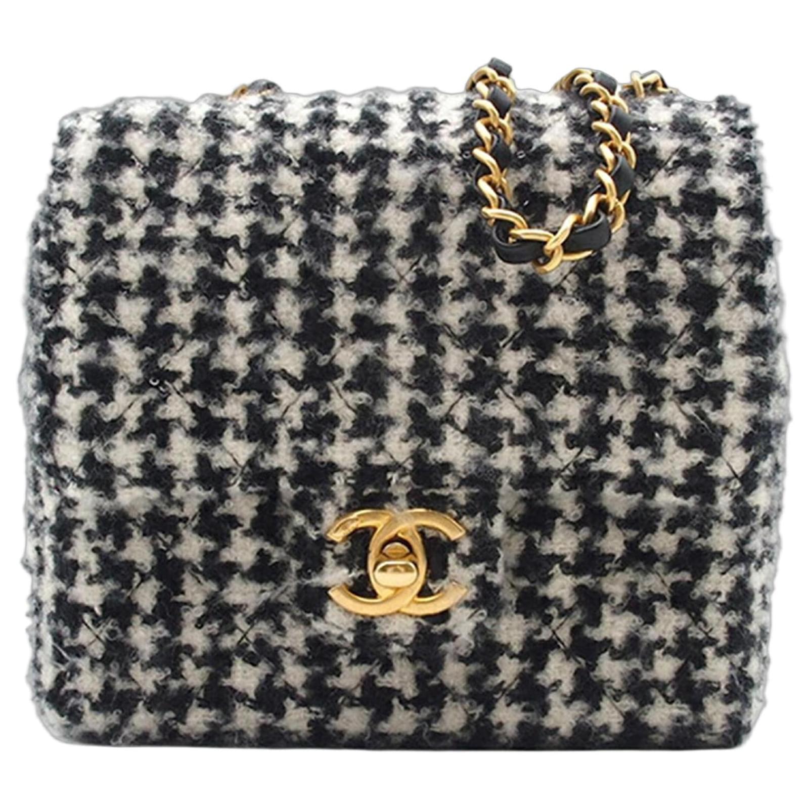 Chanel Mini Square Quilted Tweed Houndstooth Straight Single Flap Black ...