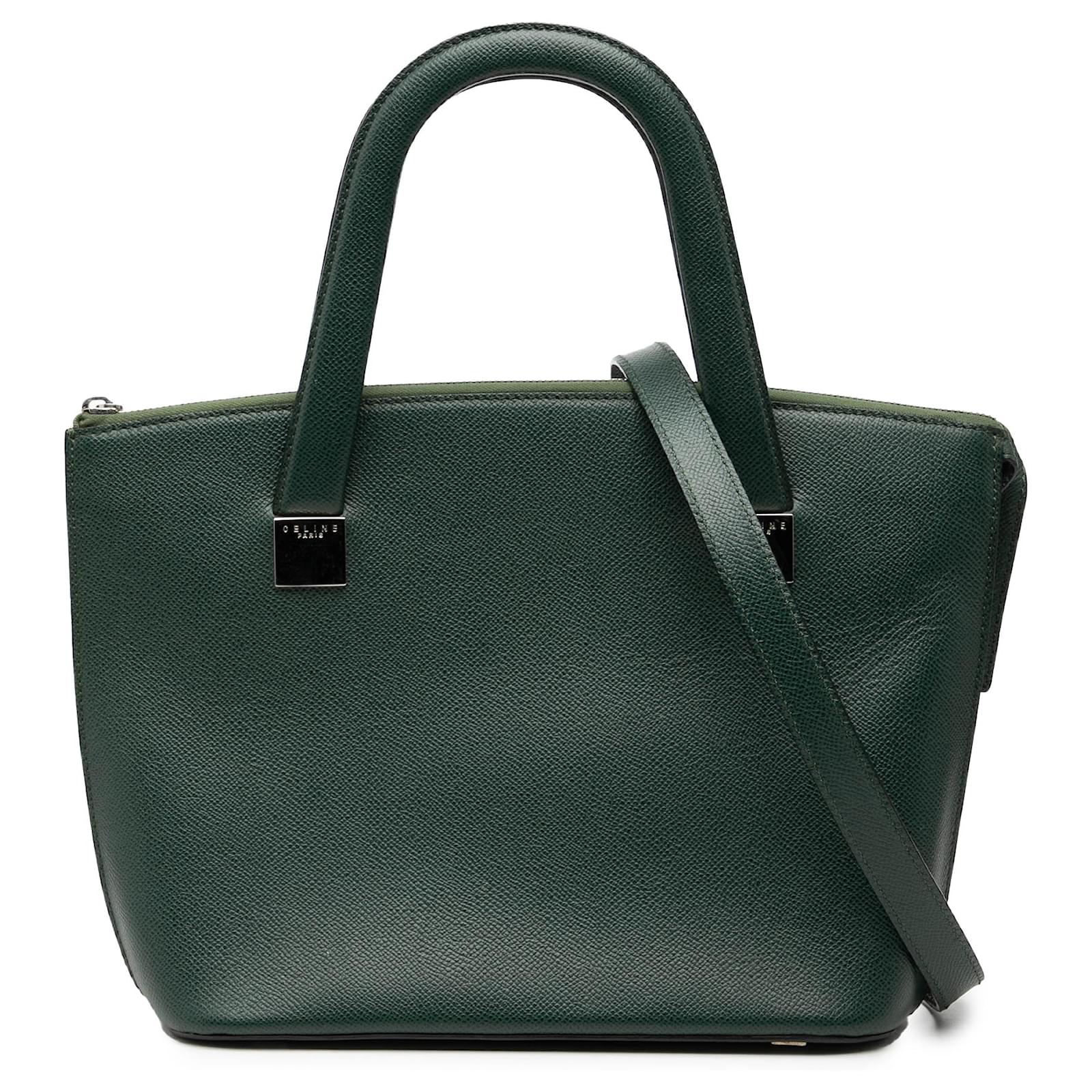 Céline Celine Green Grained Calfskin Satchel Dark green Leather Pony ...